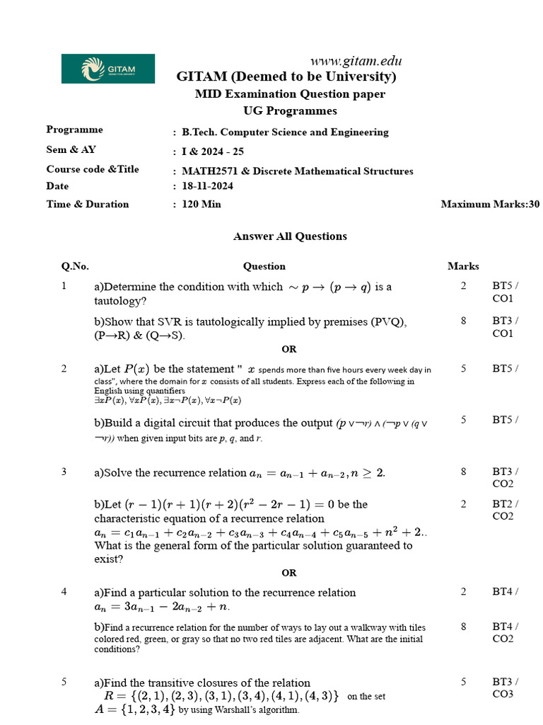 GITAM B.Tech Discrete Math Exam Paper | PDF | Applied Mathematics ...
