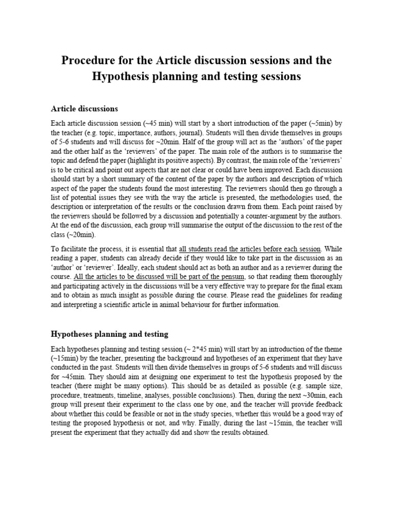 Procedure - Article Discussion and Hypothesis Sessions | PDF | Experiment | Hypothesis