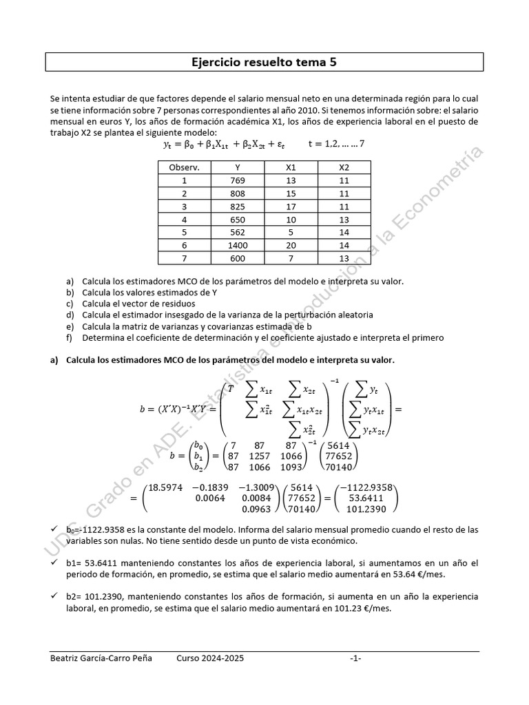 tema-5-Ejercicio-resuelto-1 | PDF | Mínimos cuadrados ordinarios | Coeficiente de determinación