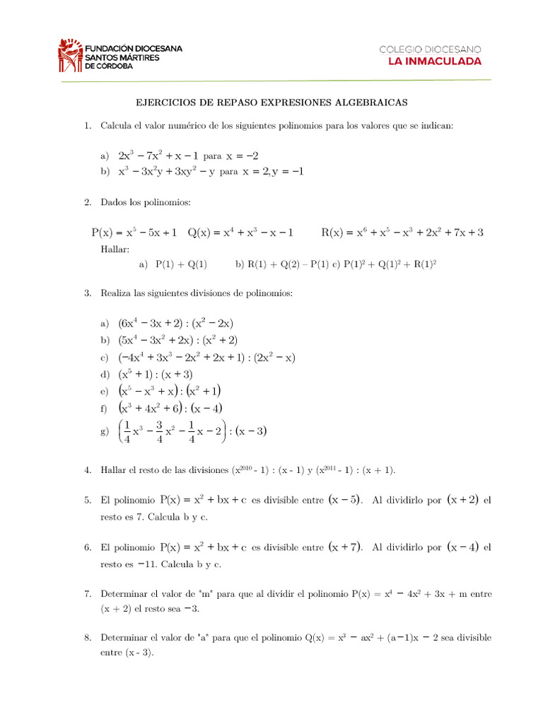 Ejercicios de repaso expresiones algebraicas | PDF