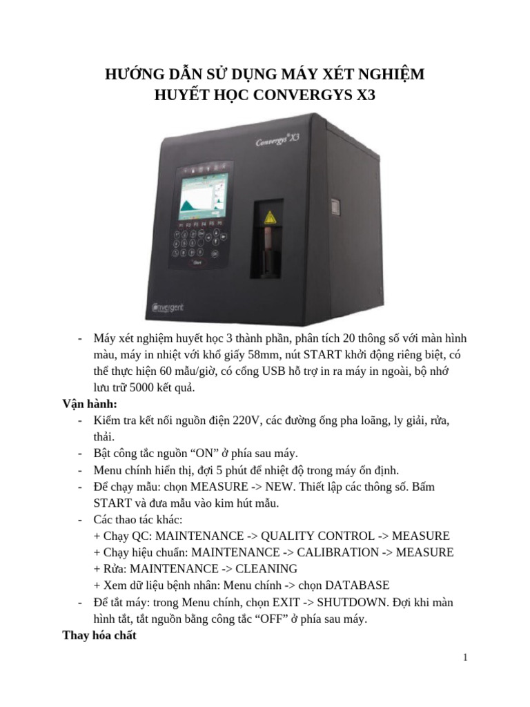 HƯỚNG DẪN SỬ DỤNG MÁY XÉT NGHIỆM HUYẾT HỌC CONVERGYS X3 | PDF