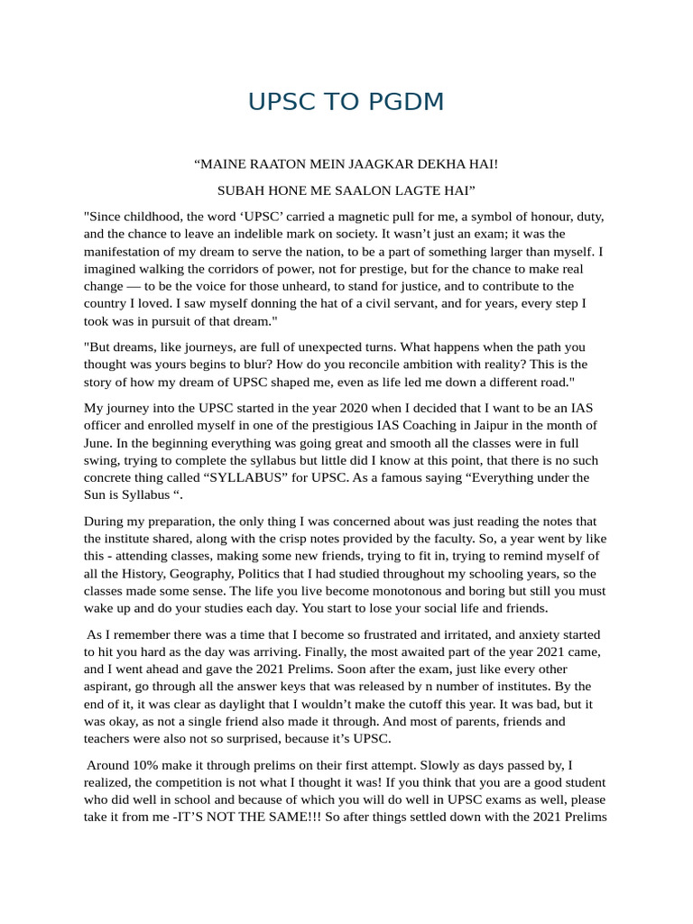 Nancy's Upsc Journey To PGDM | PDF