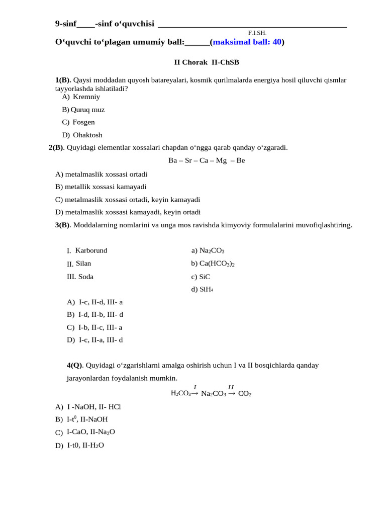 9-Sinf Kimyo 2-Var. 2-CHSB @summativ - Formativ - Baholash | PDF