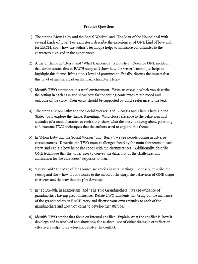 Short Story Exam Practice | PDF | Essays | Behavioural Sciences