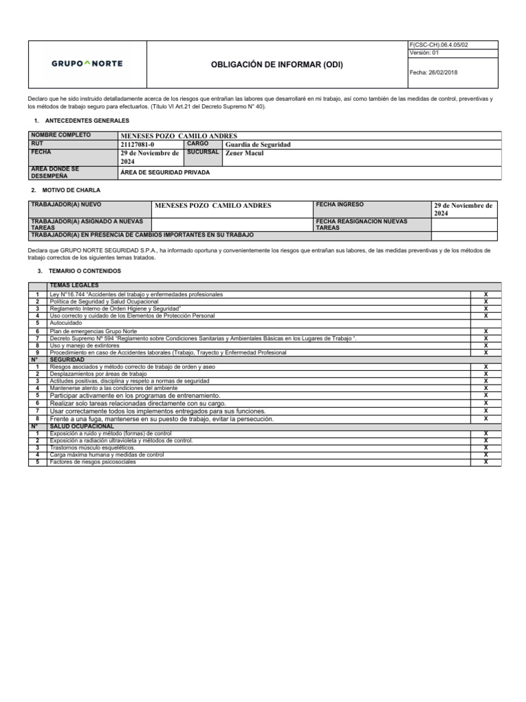 Obligación de Informar (Odi) | PDF | Seguridad y salud ocupacional | La ...