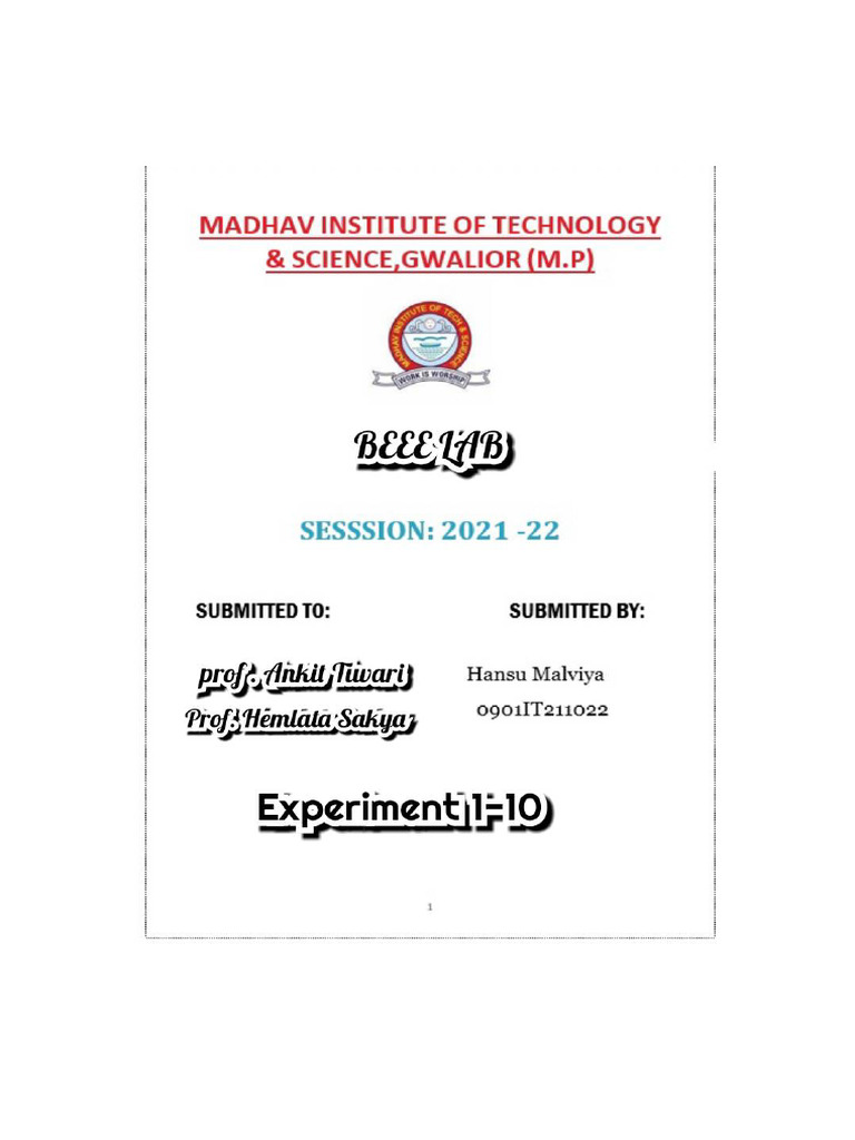 Beee Lab Experiment 1-10 | PDF