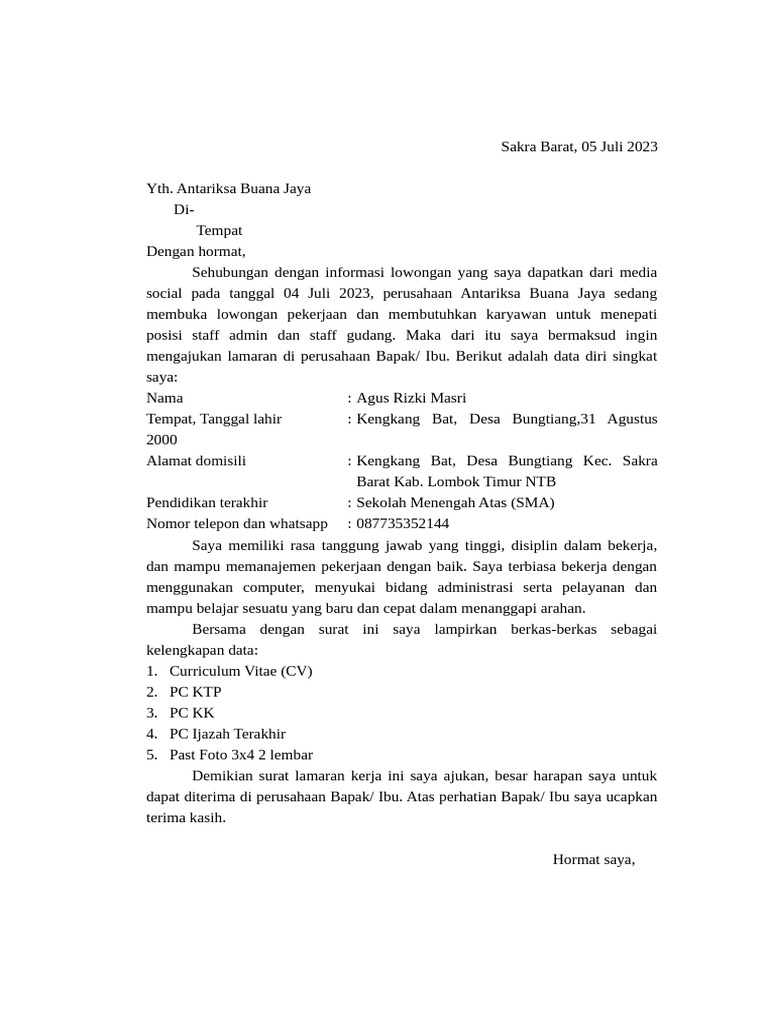 Surat Lamaran Kerja Cv. Antariksa Buana Jaya | PDF