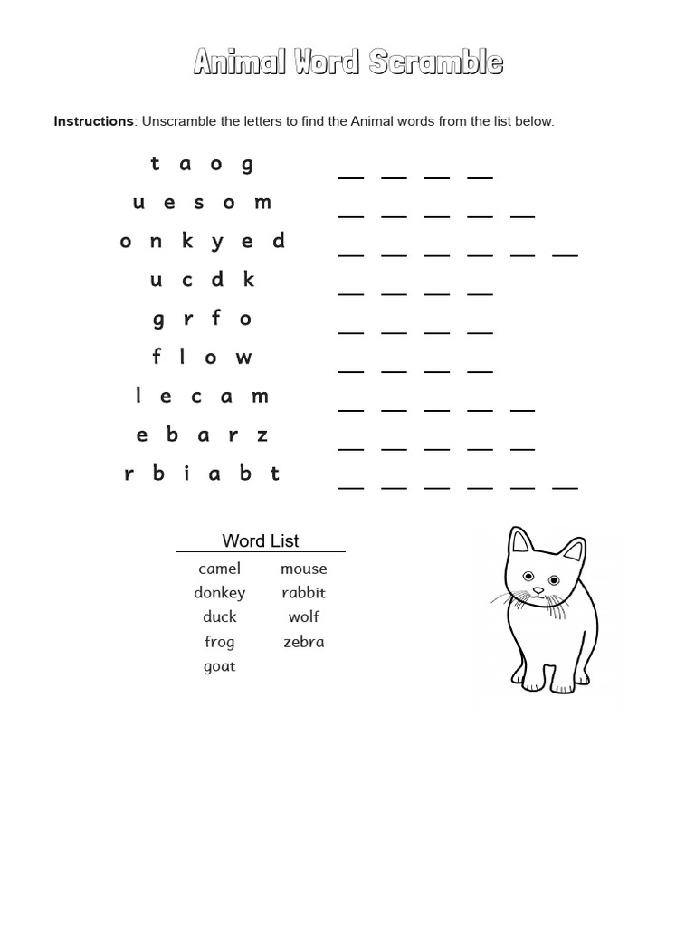Animals - Medium Word Scramble | PDF