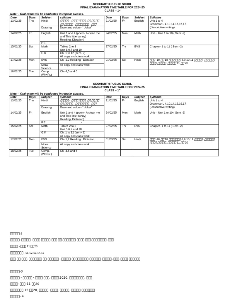 Time Table Class 1 | PDF