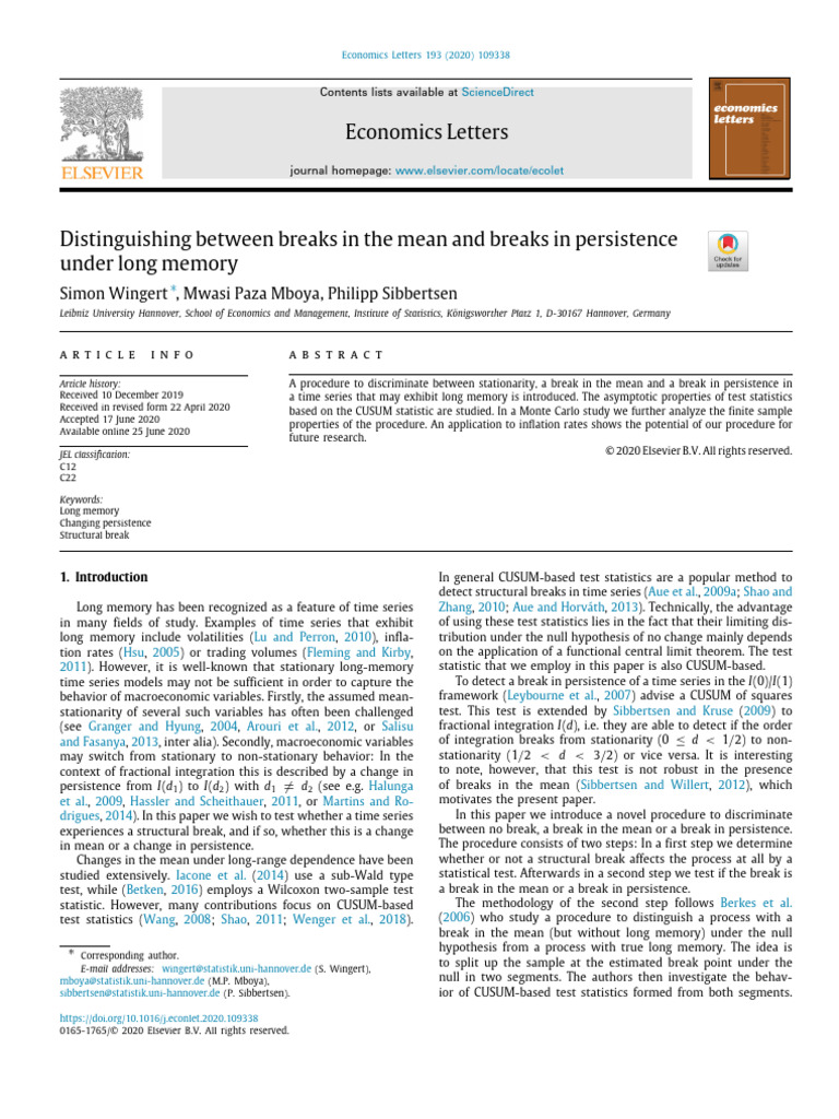 Breaks in Mean vs. Persistence in Time Series | PDF | P Value | Sample ...
