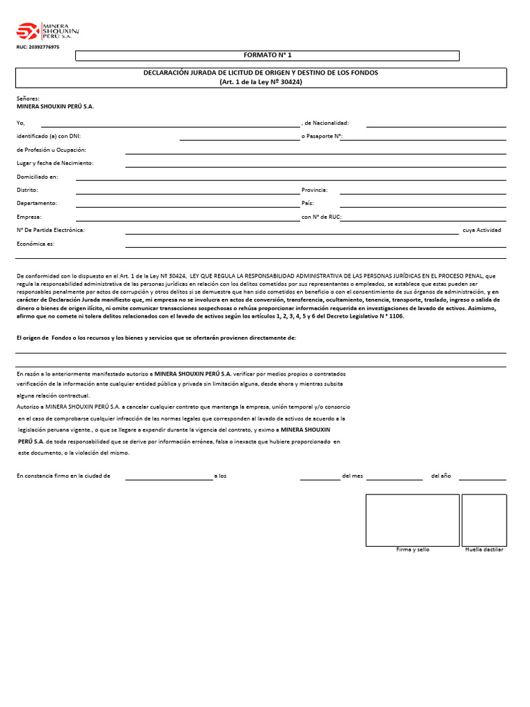 FORMATO 1 - DECLARACIÓN JURADA DE LICITUD DE ORIGEN Y DESTINO DE LOS ...