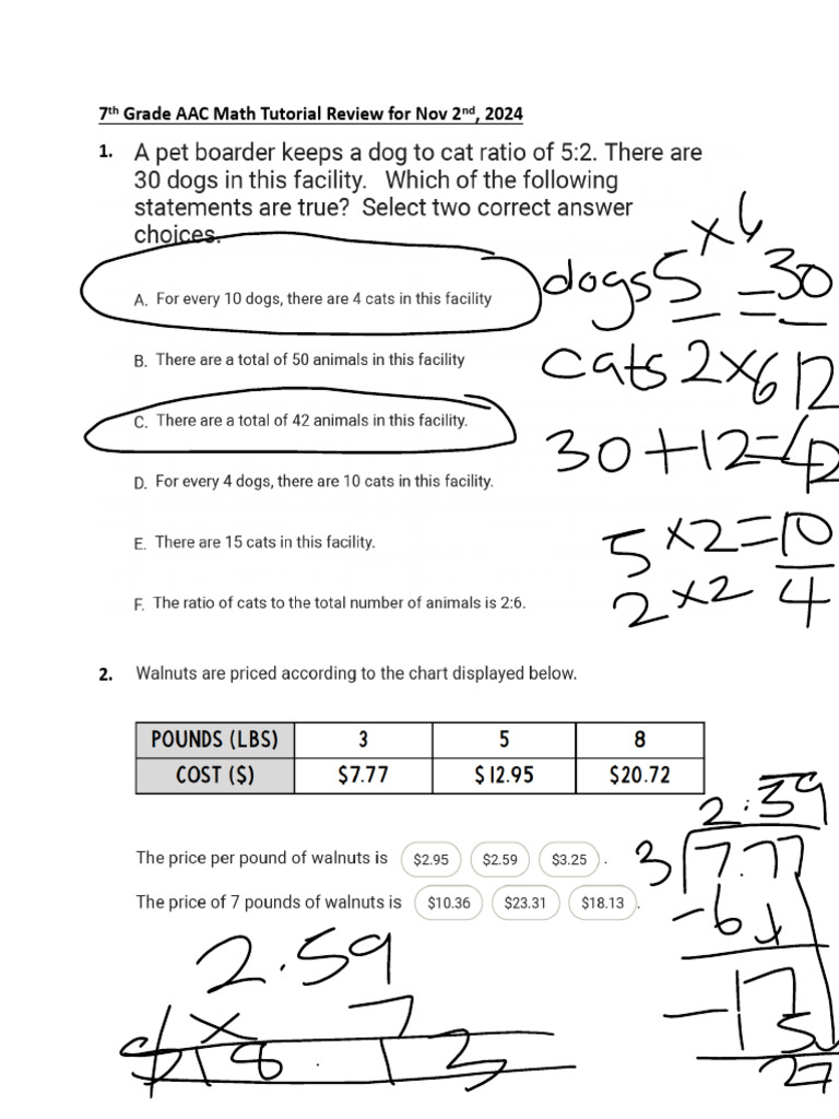 7th Grade AAC Math Tutorial Review From Nov 2nd, 2024 (Solution Key) | PDF
