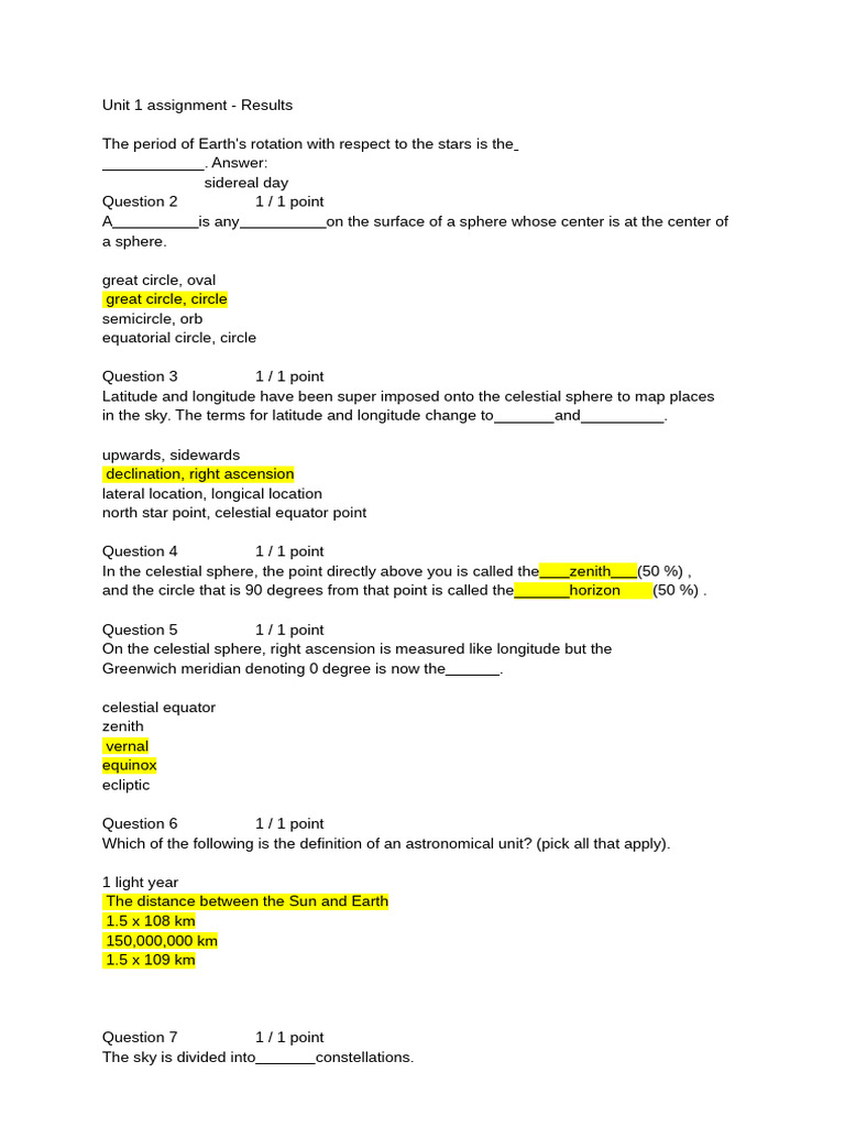 Astronomy and Physics Quiz Results | PDF | Jupiter | Telescope