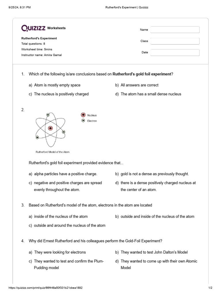Rutherford's Gold Foil Experiment Quiz | PDF | Atomic Nucleus | Atoms