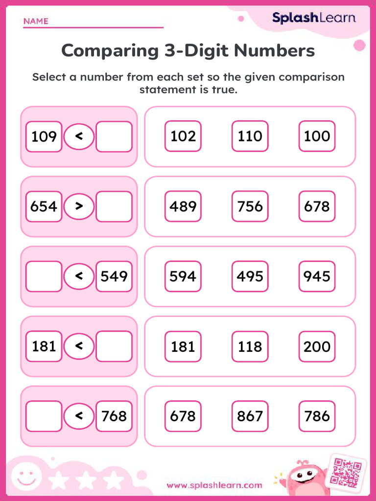 Comparing 3 Digit Numbers And Identifying Missing Numbers Worksheet Pdf