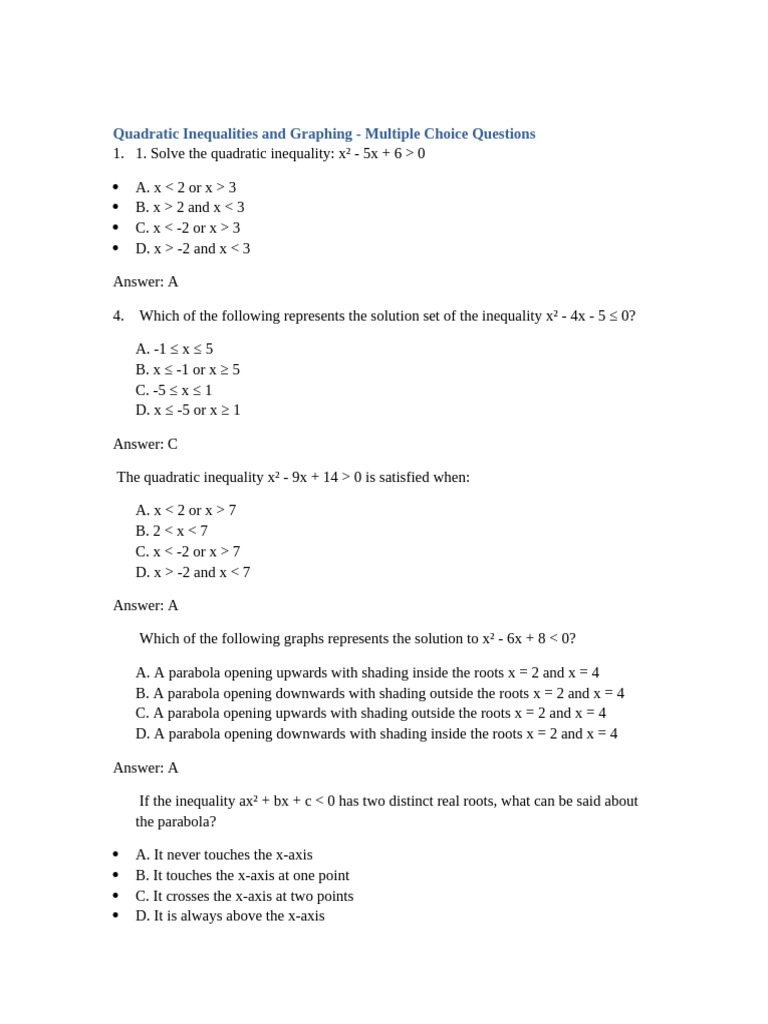 Quadratic Inequalities MCQs | PDF