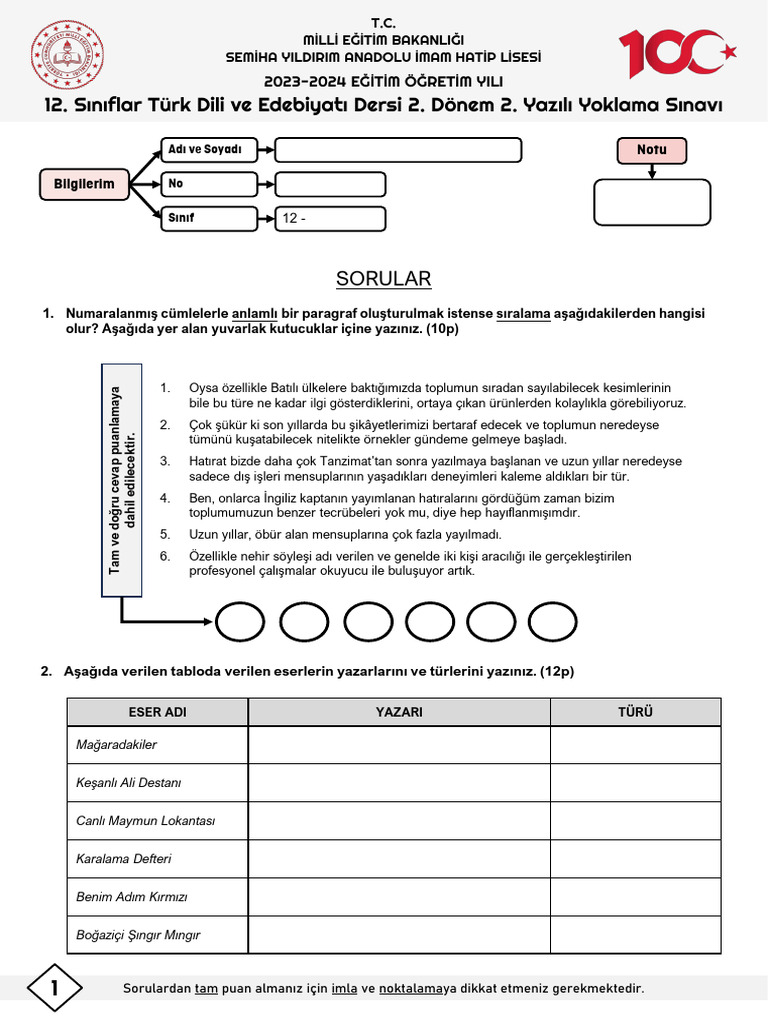 2023 - 2024 - 12. Sınıf 2d 2y - Yazili Sinav | PDF