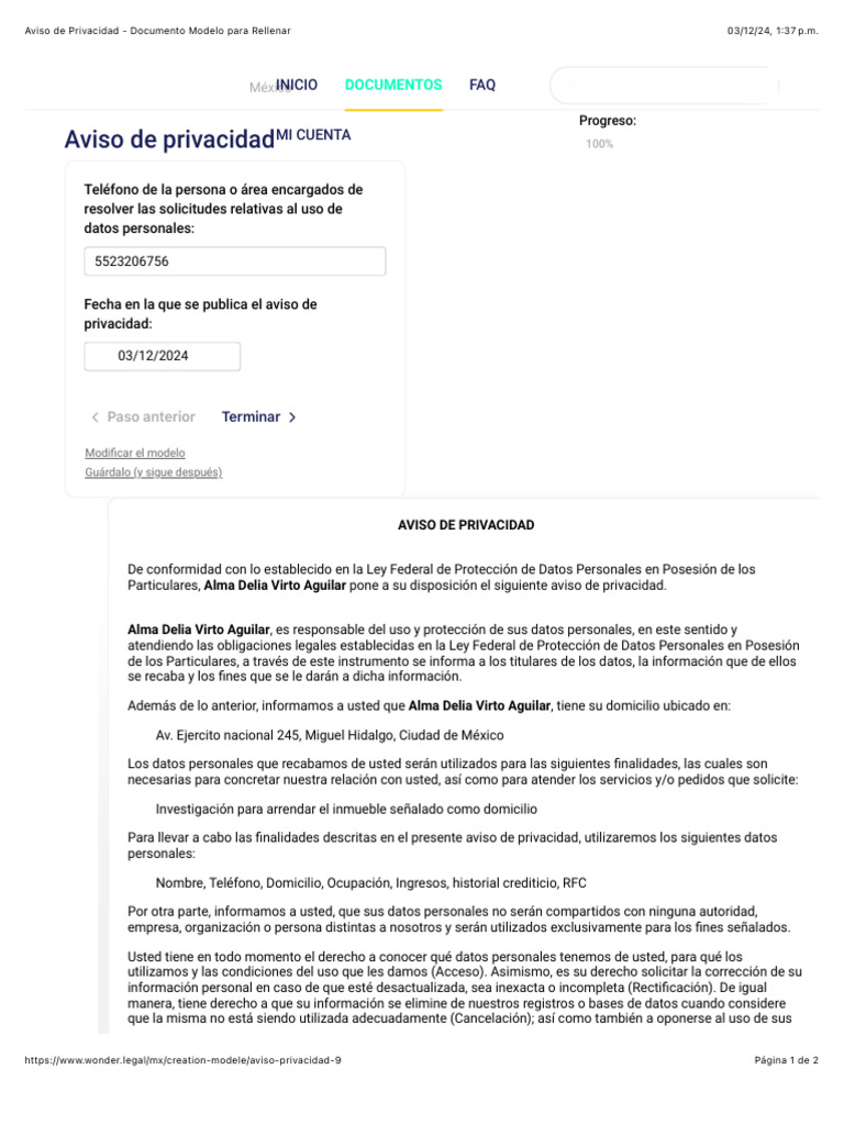 Aviso de Privacidad - Documento Modelo para Rellenar | PDF | Privacidad | Justicia