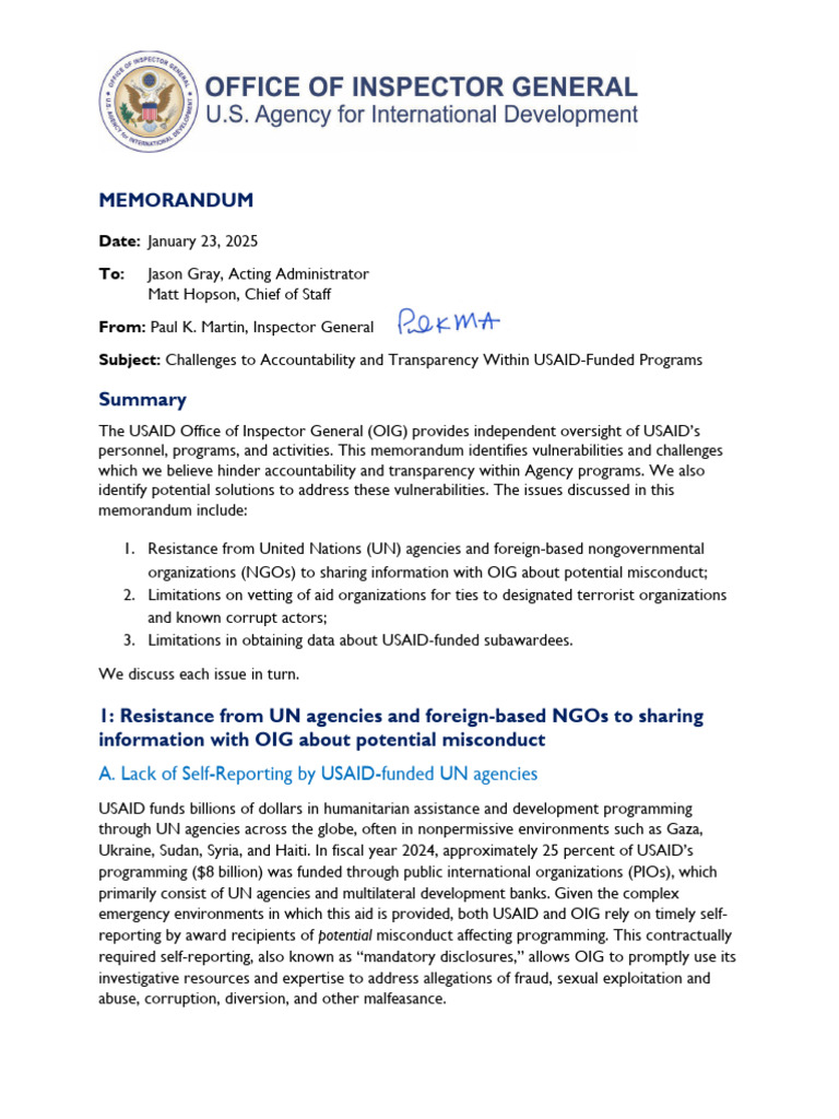 USAID Inspector General Memorandum Challenges To Accountability and ...
