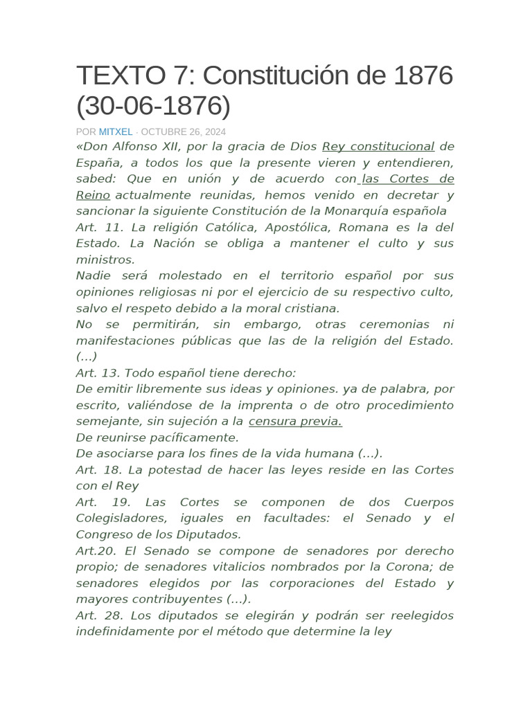 Constitución Española de 1876: Análisis y Contexto | PDF | Constitución ...