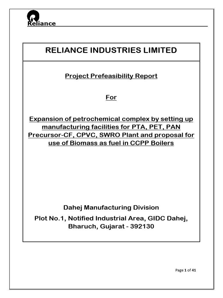RIL - Project Prefeasibility Report | PDF | Polymers | Polymerization