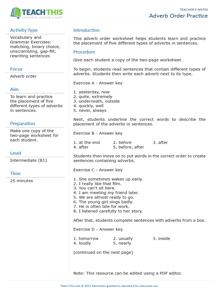 Adverb Order Practice | PDF | Adverb | Grammar