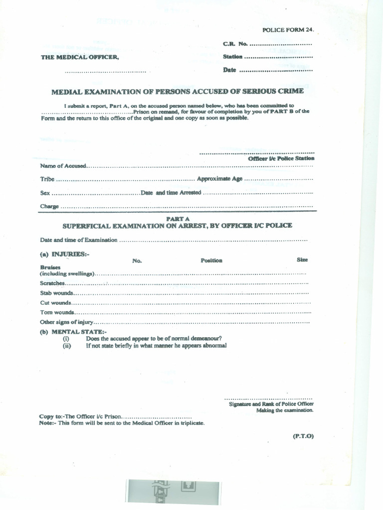 Medical Examination of Persons Accused of Serious Crime Police Form 24 ...