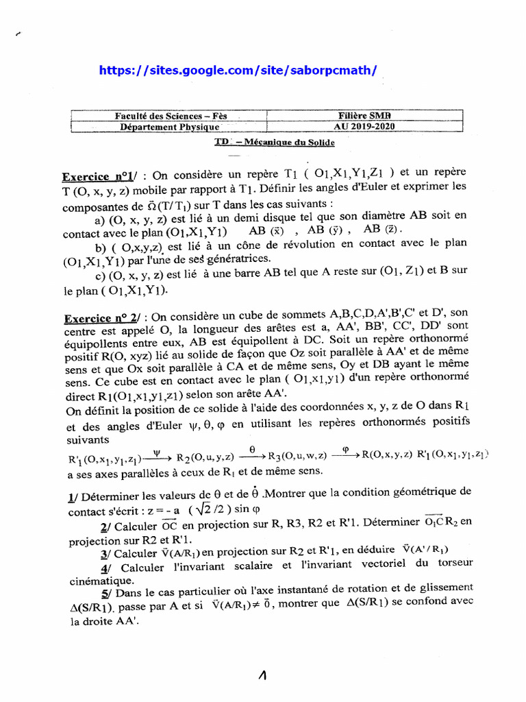 °tds Mecanique Solide Fsdm-Fes Sma4 2020 | PDF