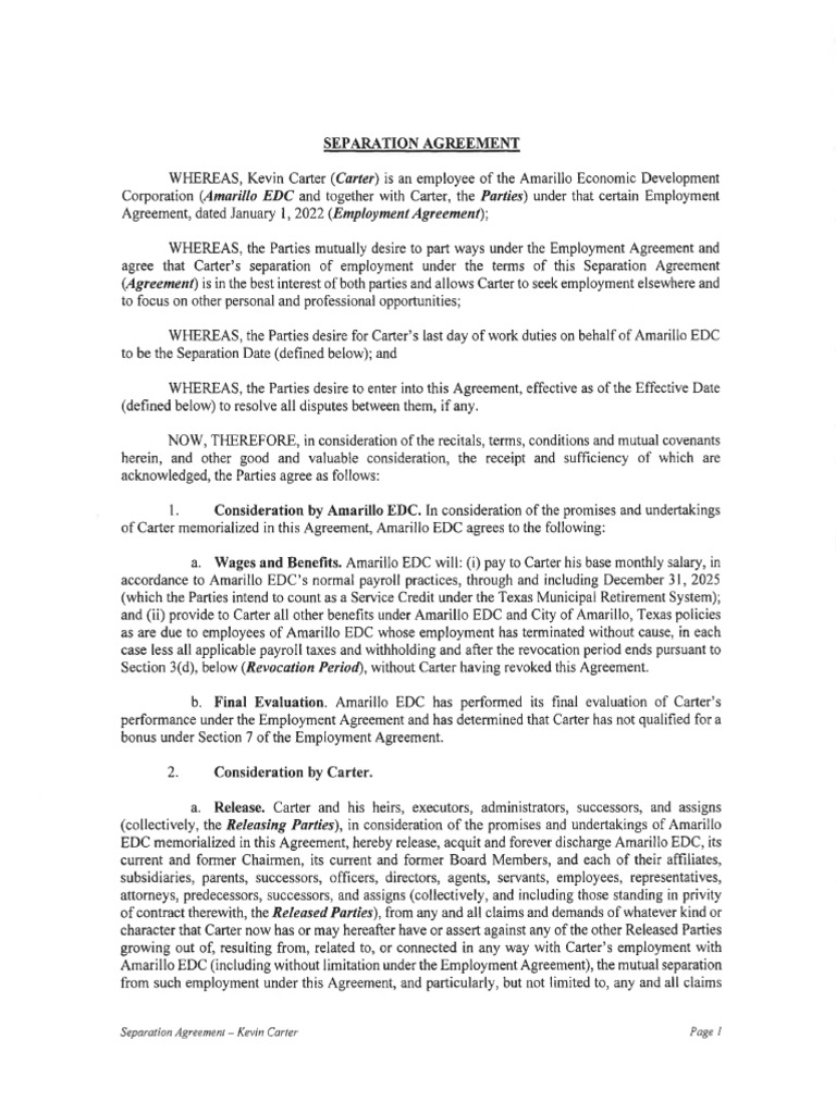 AEDC Separation Agreement - Kevin Carter | PDF