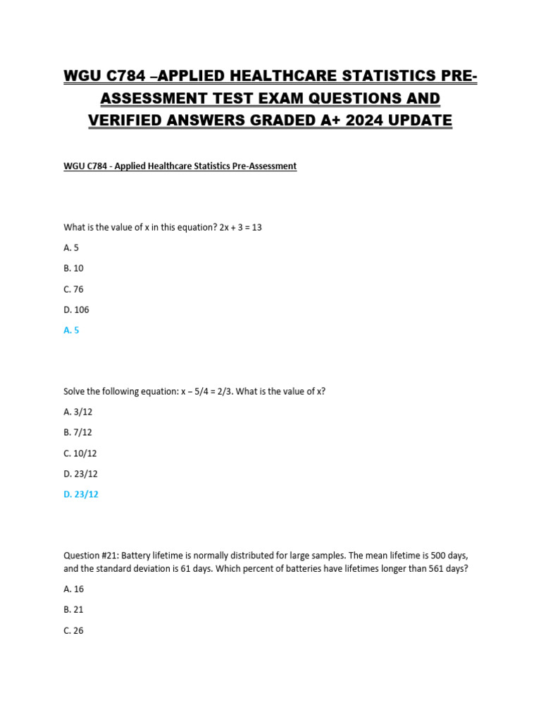 Wgu C784 - Applied Healthcare Statistics Pre Assessment Test Exam ...