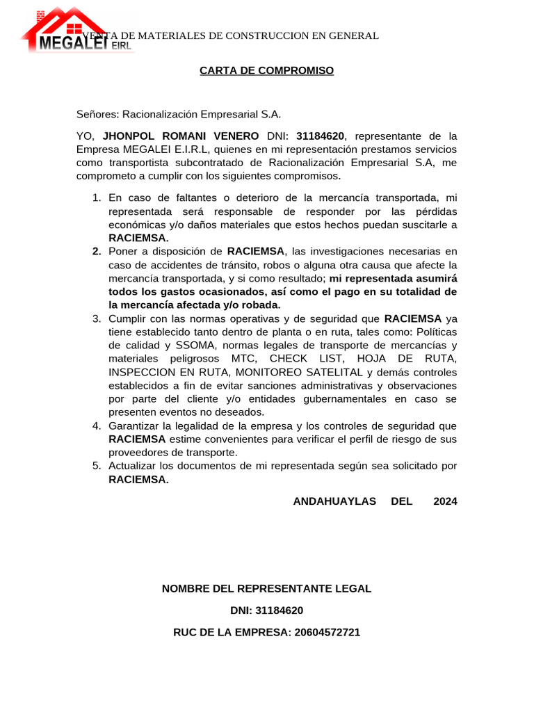 Compromiso de Transporte de Materiales | PDF