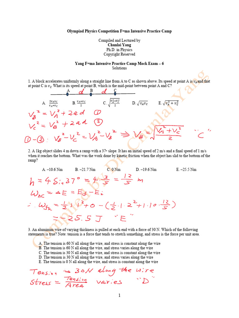 Yang F Ma Intensive Practice Camp Mock-6-Solutions | PDF | Force | Physical Quantities