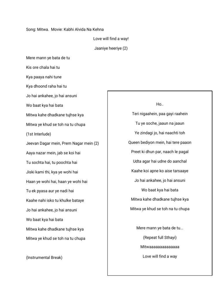 Song - Mitwa KANK Lyrics | PDF