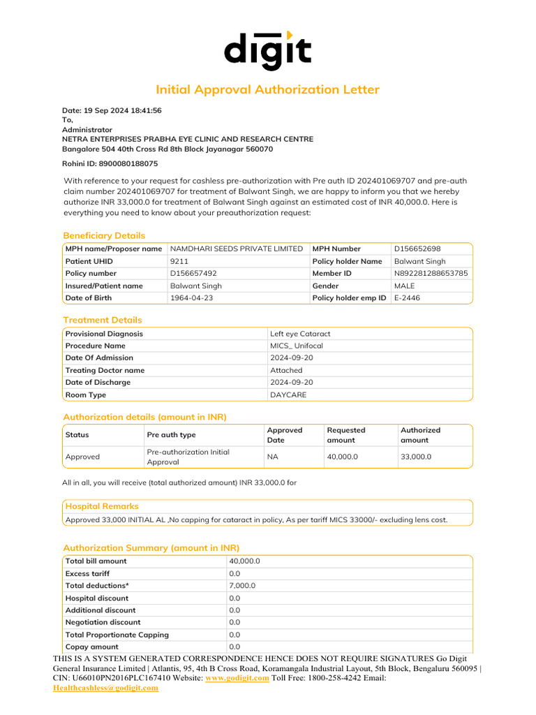 Pre-Authorization Approval for Cataract Surgery | PDF | Insurance