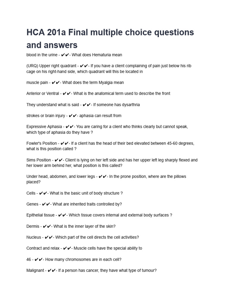 HCA 201a Final Multiple Choice Questions and Answers | PDF | Anatomical ...