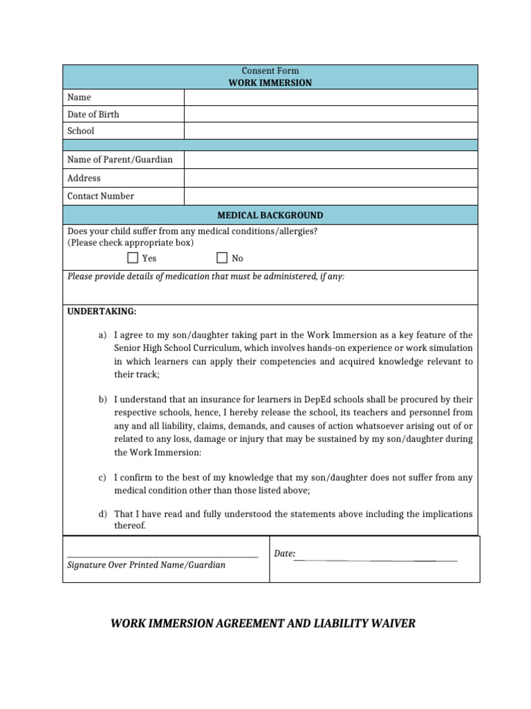 Work Immersion Consent and Waiver Form | PDF