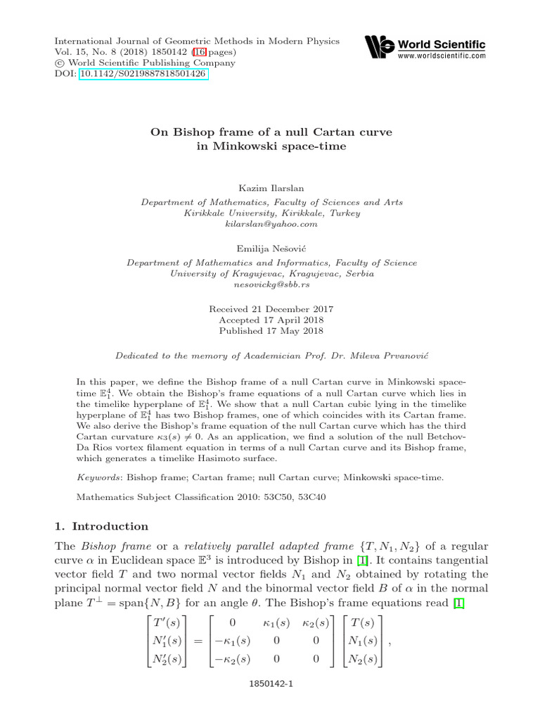 On Bishop Frame of A Null Cartan Curve in E 4 - 1 | PDF | Mathematical Objects | Manifold