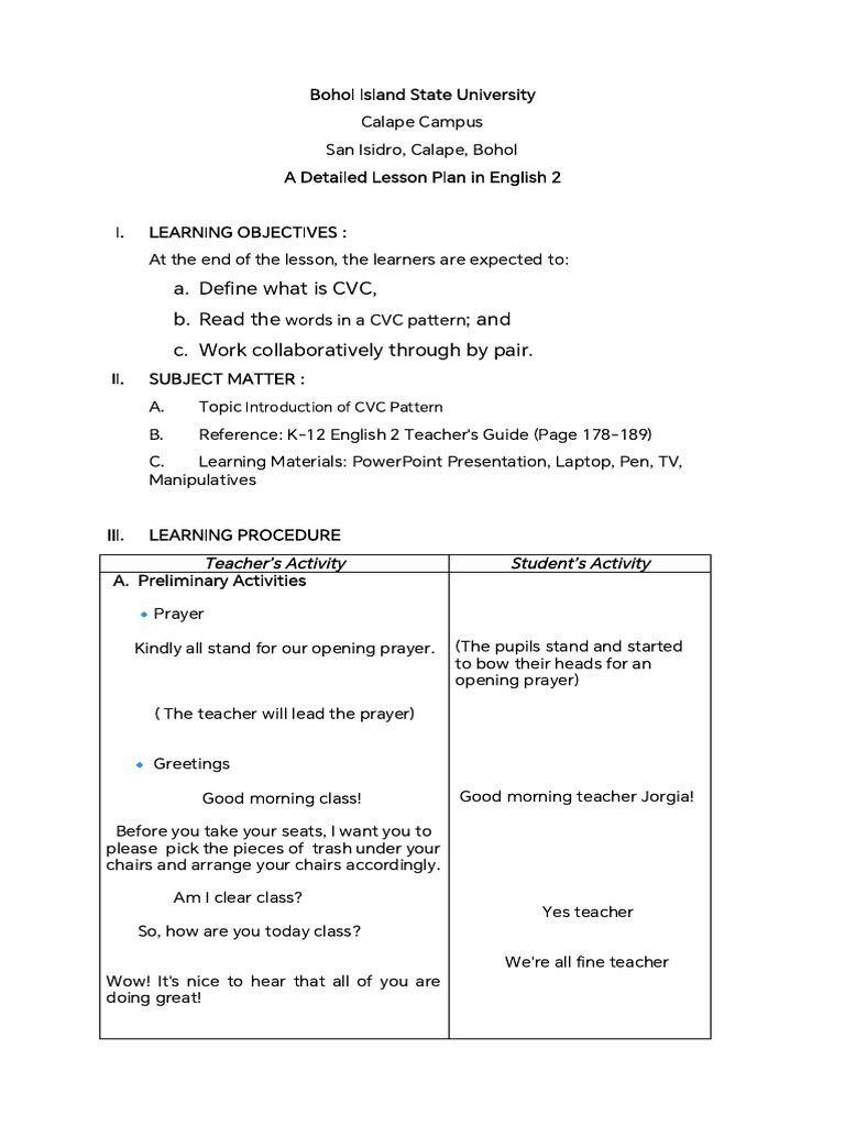 CVC Pattern Lesson Plan for English 2 | PDF | Learning | Human ...