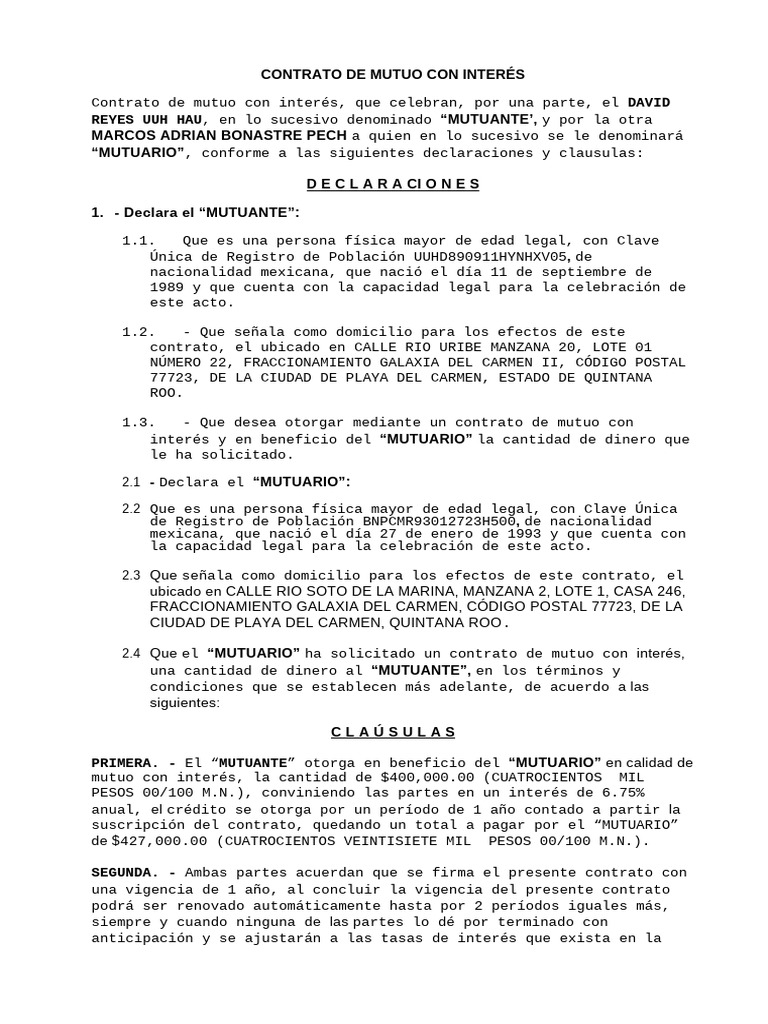 Contrato de Mutuo Con Interés | PDF