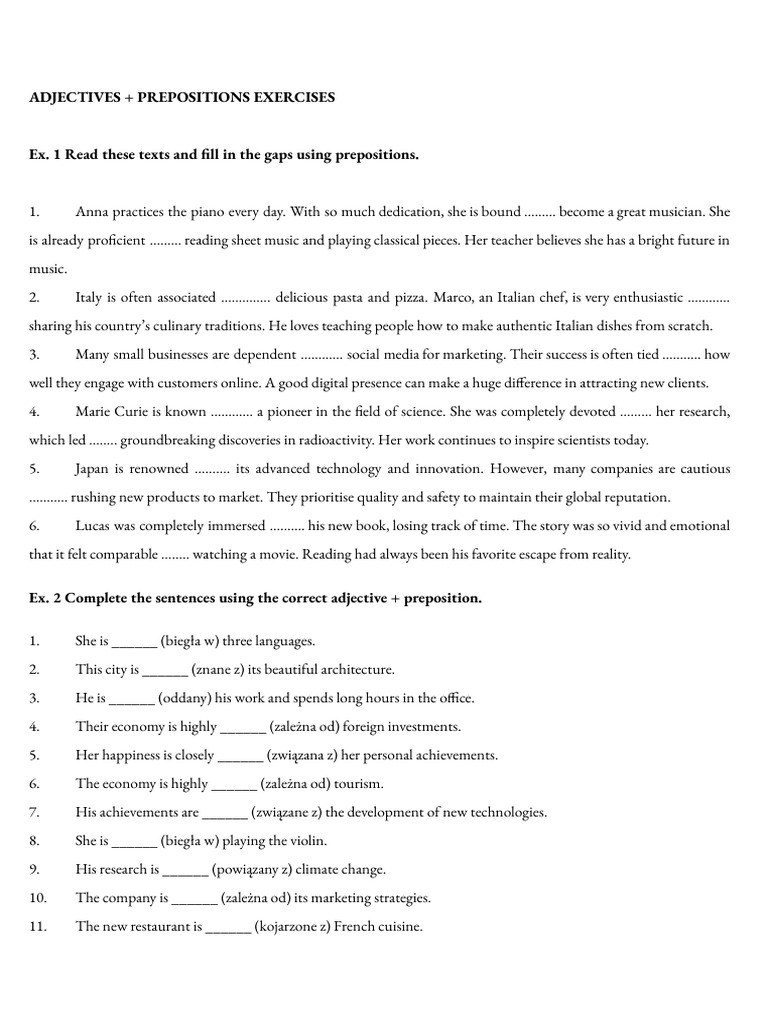 Adjectives and Prepositions Exercises | PDF