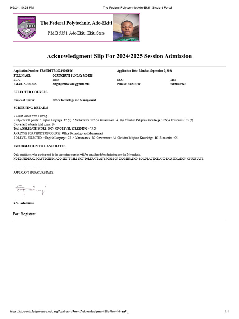Acknowledgment Slip for Fed Poly Ado-Ekiti Admission | PDF