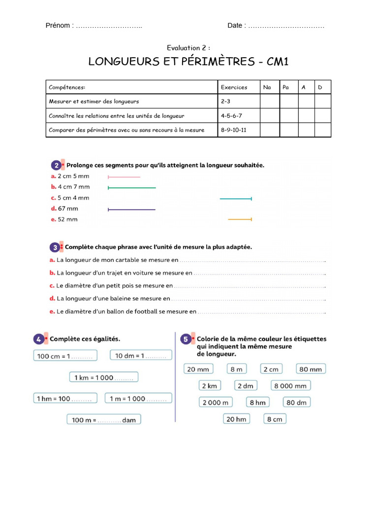 Évaluation Longueurs et Périmètres CM1 | PDF
