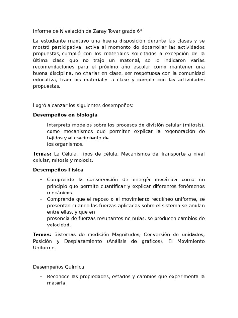 Informe de Nivelación de Zaray Tovar Grado 6 Nova Estrella | PDF