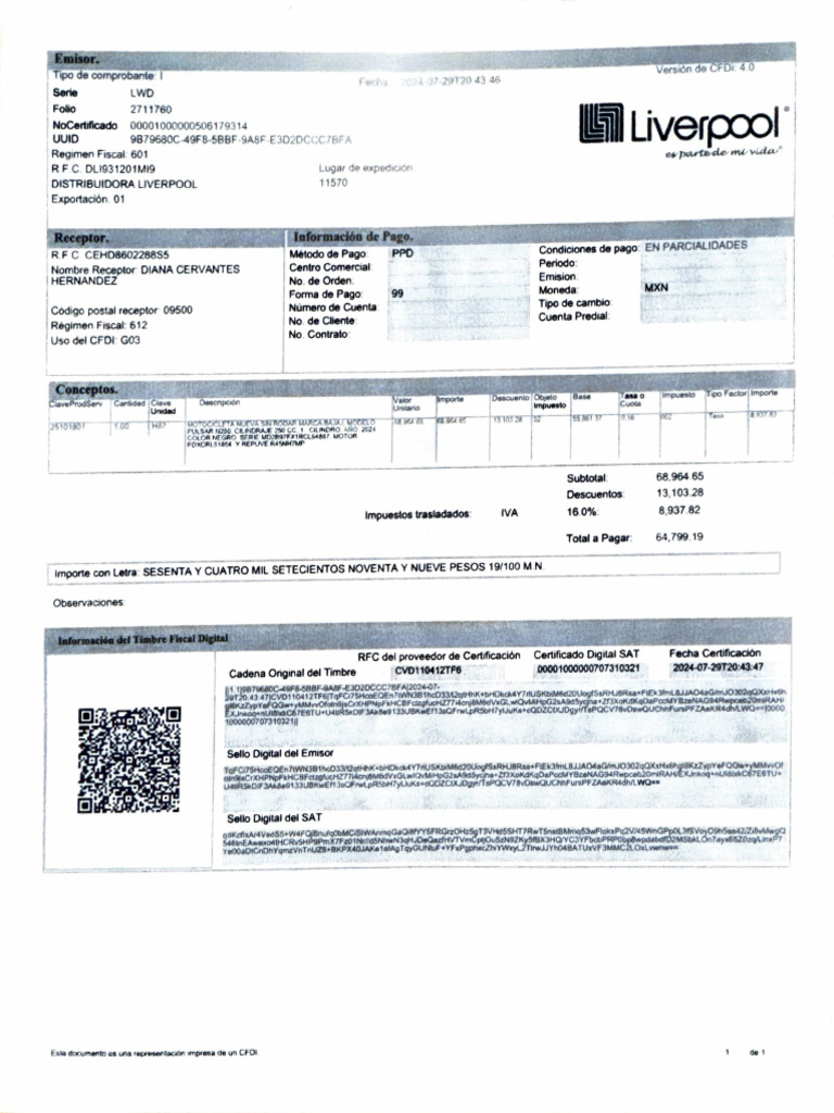 Factura Liverpool: Detalles Fiscales y Pago | PDF
