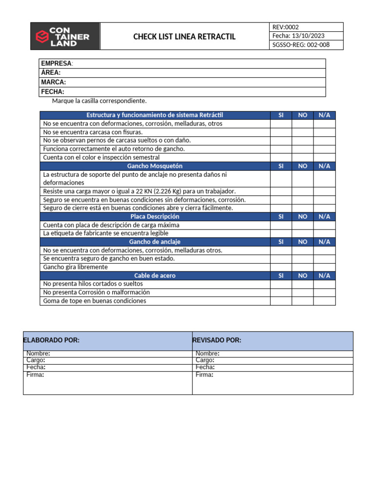 Checklist de Inspección Línea Retráctil | PDF