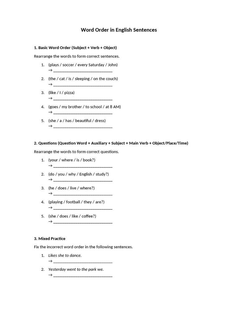 Word Order in English Sentences and Possesive Word Order | PDF | English Language | Verb