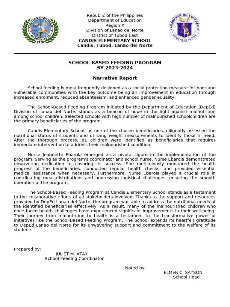 CANDISES-SBFP-Narrative-Report | PDF | Malnutrition