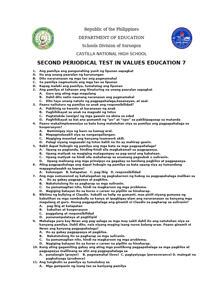 2ND Periodical Test in Values Ed 7 Sy 2024 - 2025 | PDF