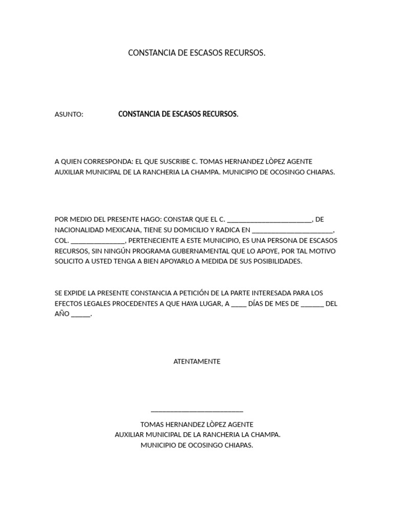 Constancia de Escasos Recursos | PDF