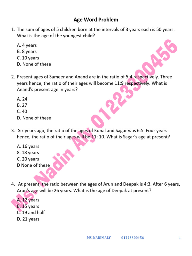 Age Word Problem: Ms. Nadin Aly 01223300456 | PDF
